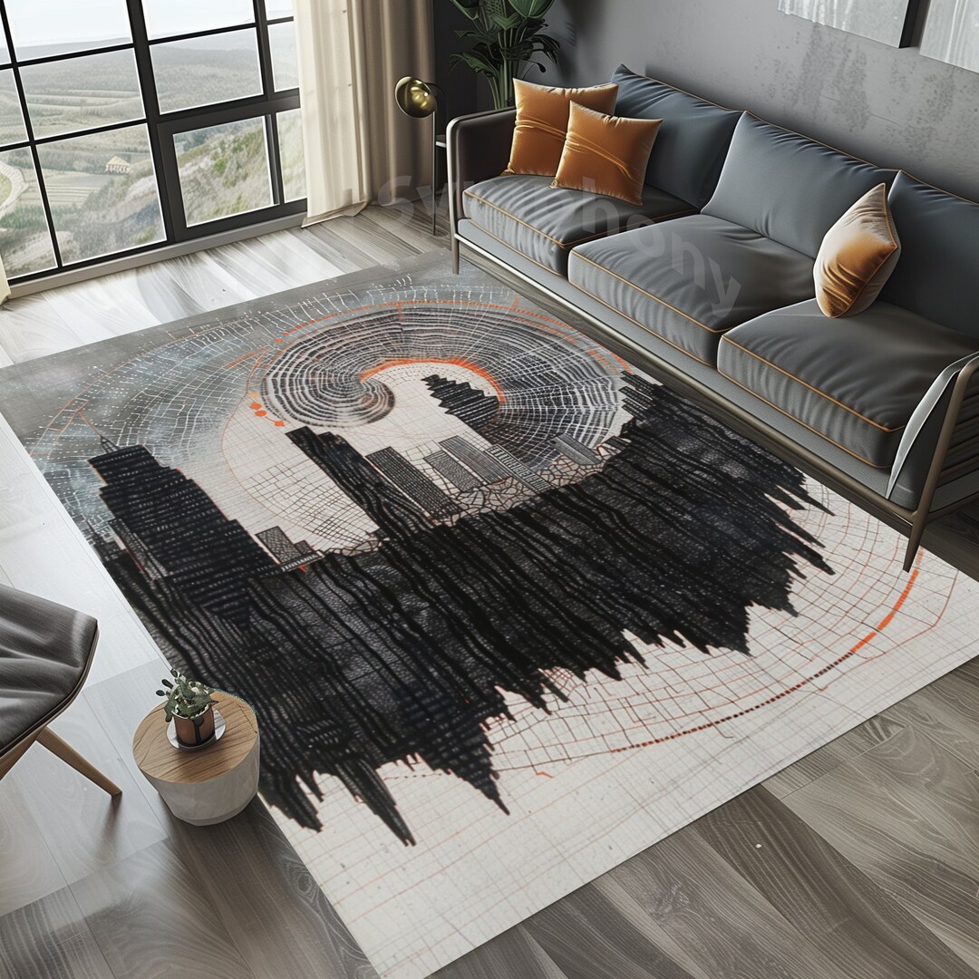 Abstract City Rug, Black and Grey Area Rug, Skylines Rug, Flying City ...