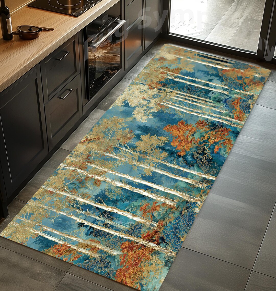 Chinoiserie Kitchen Runner, Aspen Tree, Teal Gold Botanical Rug - Etsy