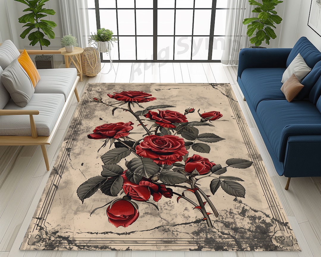 Mid Bloom Stage Rug, Retro Look Red Rose Rug, Framed Rose Rug, Rose Rug ...