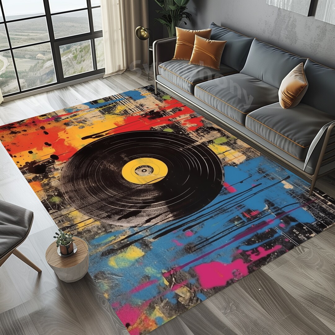 Retro Record Rug, Music Area Rug, Graffiti Record Rug, Retro Design Rug ...