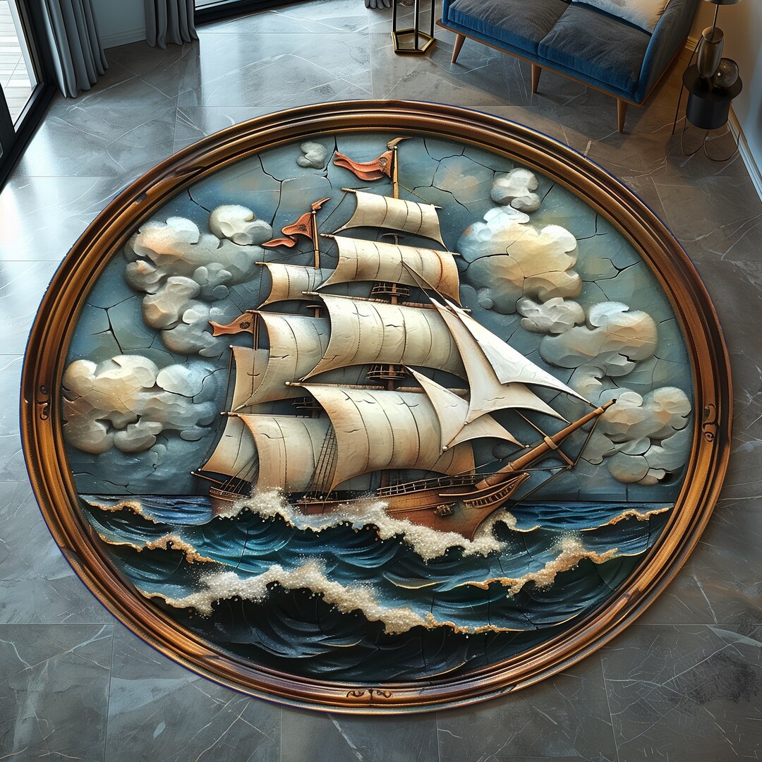 Round Ship Rug, Ship Pattern Rug, Round Nautical Rug, Nautical Round ...