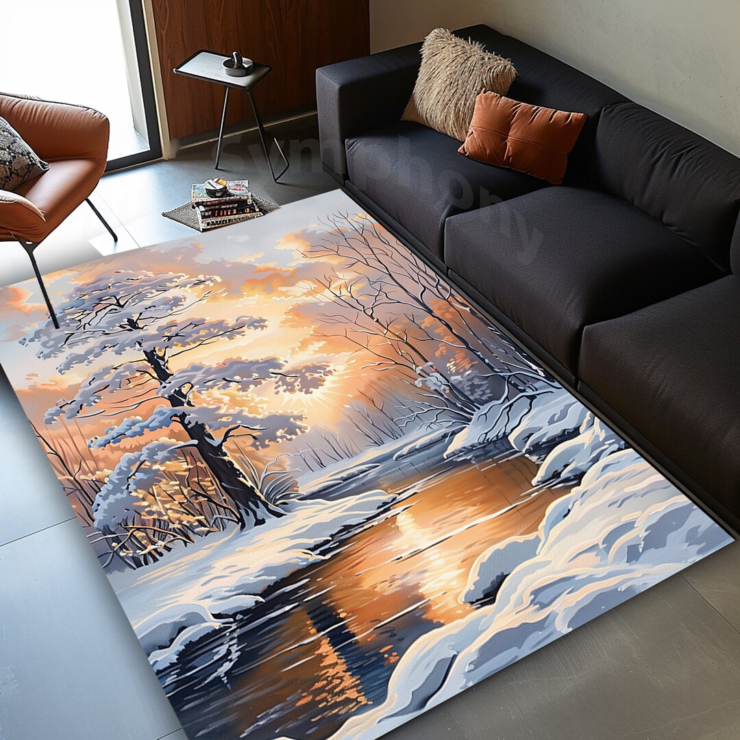 Winter Scene Rug, Snow and River Rug, Winter Nature View Rug, Snow Rug ...