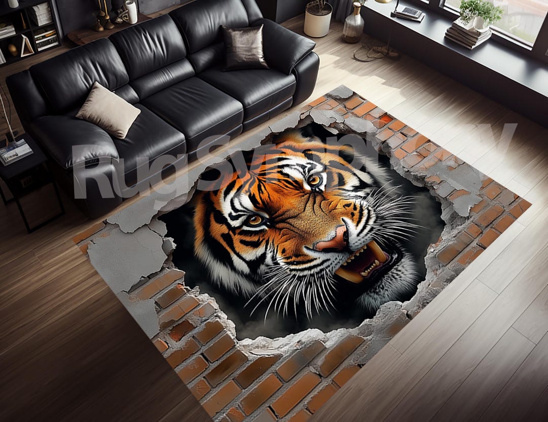 Brick Wall With an Tiger Rug, 3D Looking Tiger Rug, Colorful Tiger Rug ...