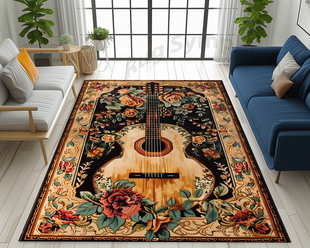 Traditional Guitar Rug, Painting Style Guitar Rug, Rustic Guitar Rug ...