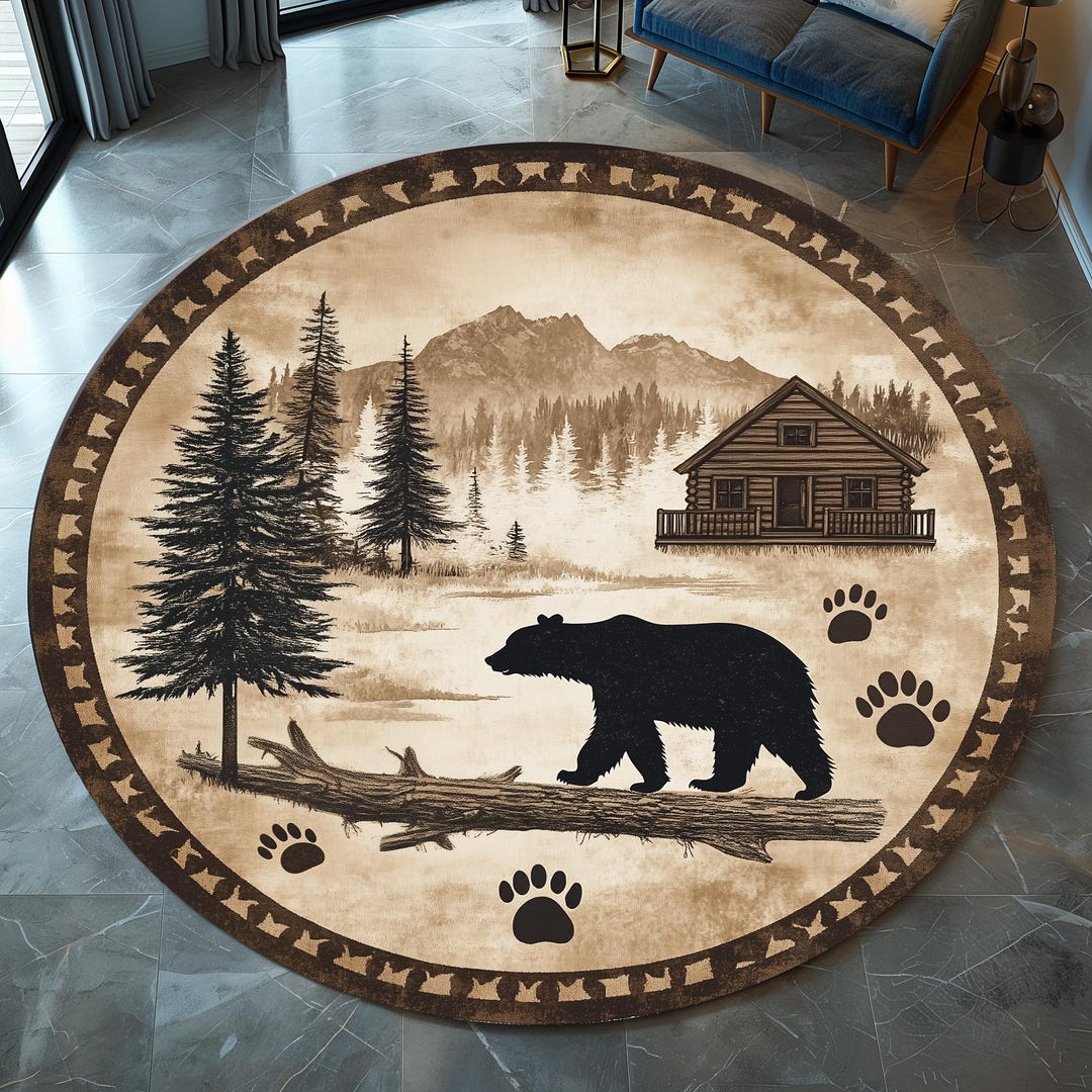 Round Bear Rug, Cabin House Rug, Bear Rug, Bear Area Rug, Cabin Nature ...