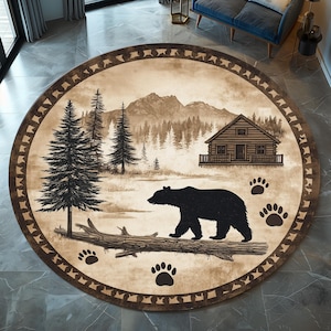 Round Bear Rug, Cabin House Rug, Bear Rug, Bear Area Rug, Cabin Nature ...