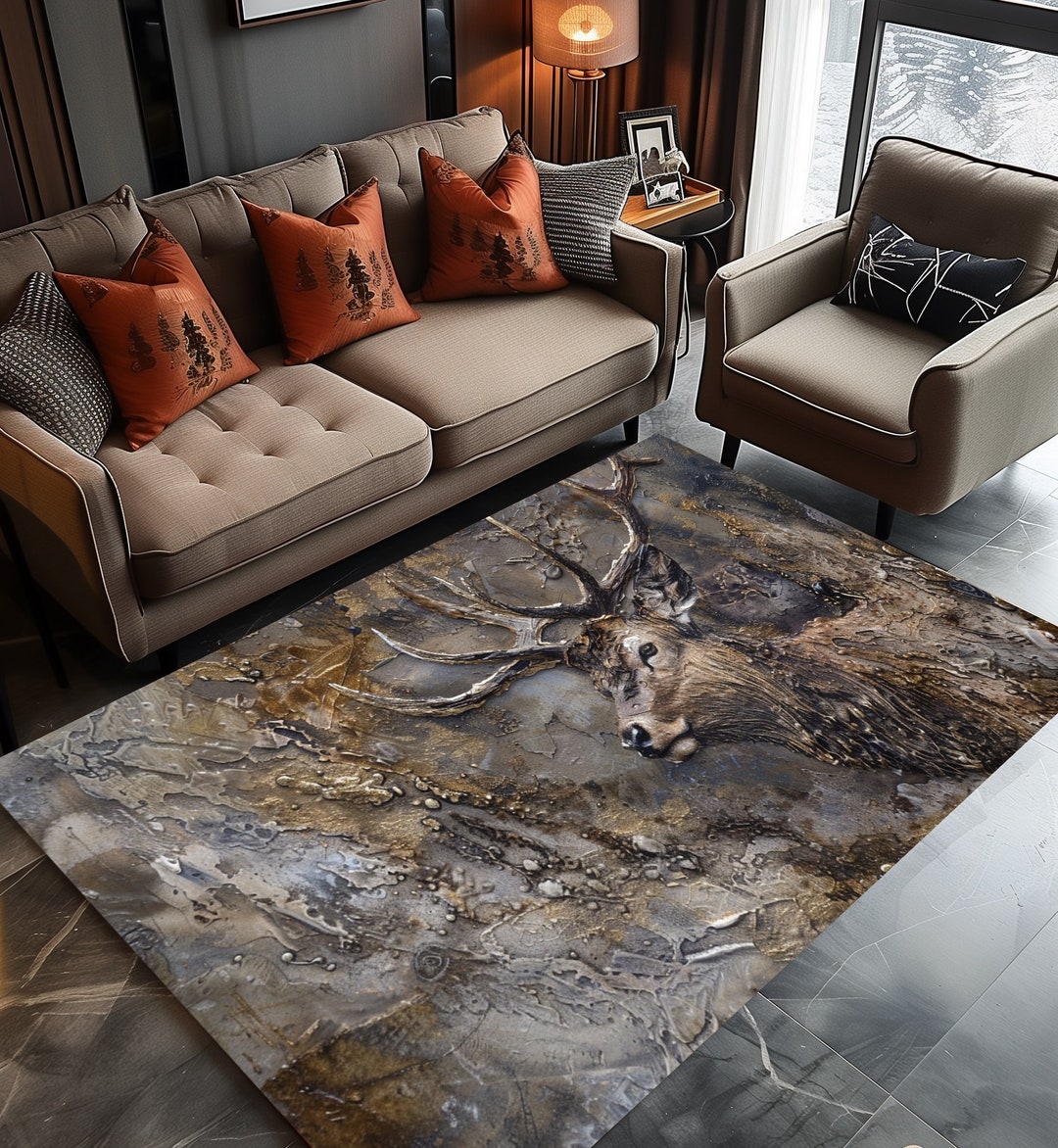 Majestic Wildlife Rug, Imaginative Natural Elements Texture Rug, Deer ...