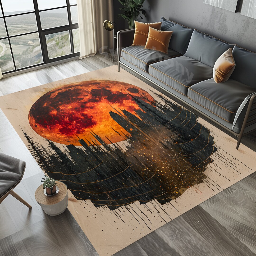 Abstract City Rug, Abstract Moon Rug, Skylines Rug, Moon Art Rug, Tree ...