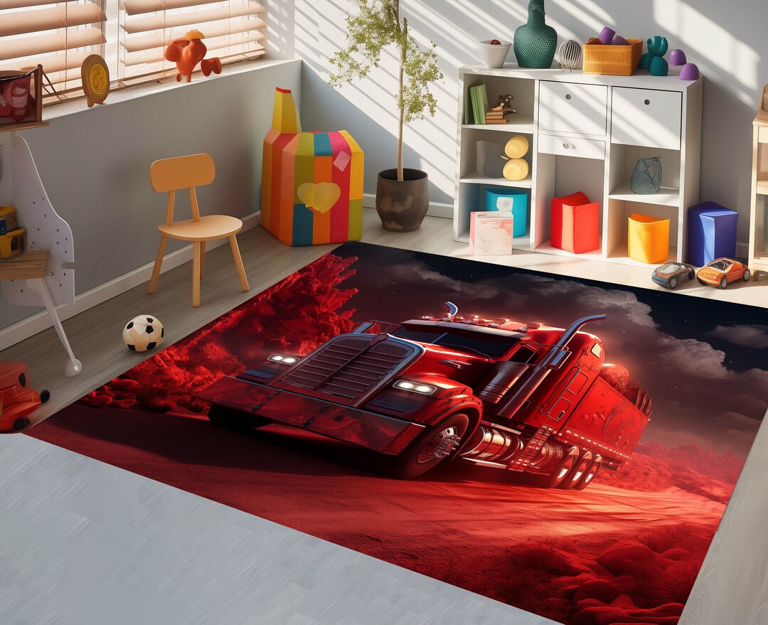 Neon Look Red Truck Area Rug, Red Truck Rug, Kids Area Rug, Big Truck ...