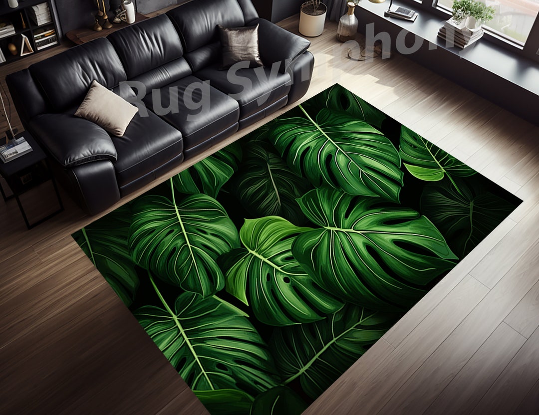 Monstera Rug, Monstera Leaf Rug, Big Leaf Pattern Rug, Green Leaf Rug ...