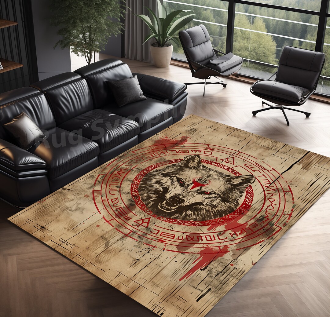 Demonic Magic Circle With Runic Letters Wolf Rug, Fenrir Area Rug ...