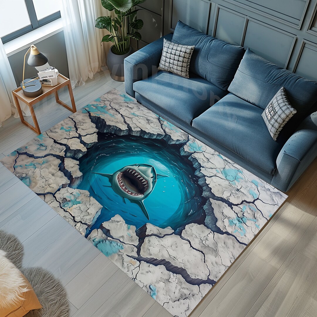 Shark in Big Crack Rug, 3D Look Shark Rug, 3D Crack Rug, Shark Rug ...