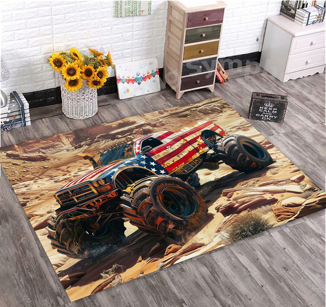 US Flag Pattern Monster Truck Rug, Monster Trucks Rug, Monster Truck ...