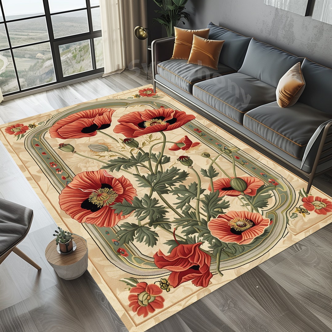 Traditional Poppy Rug, Painting Style Poppy Rug, Rustic Poppy Flower ...