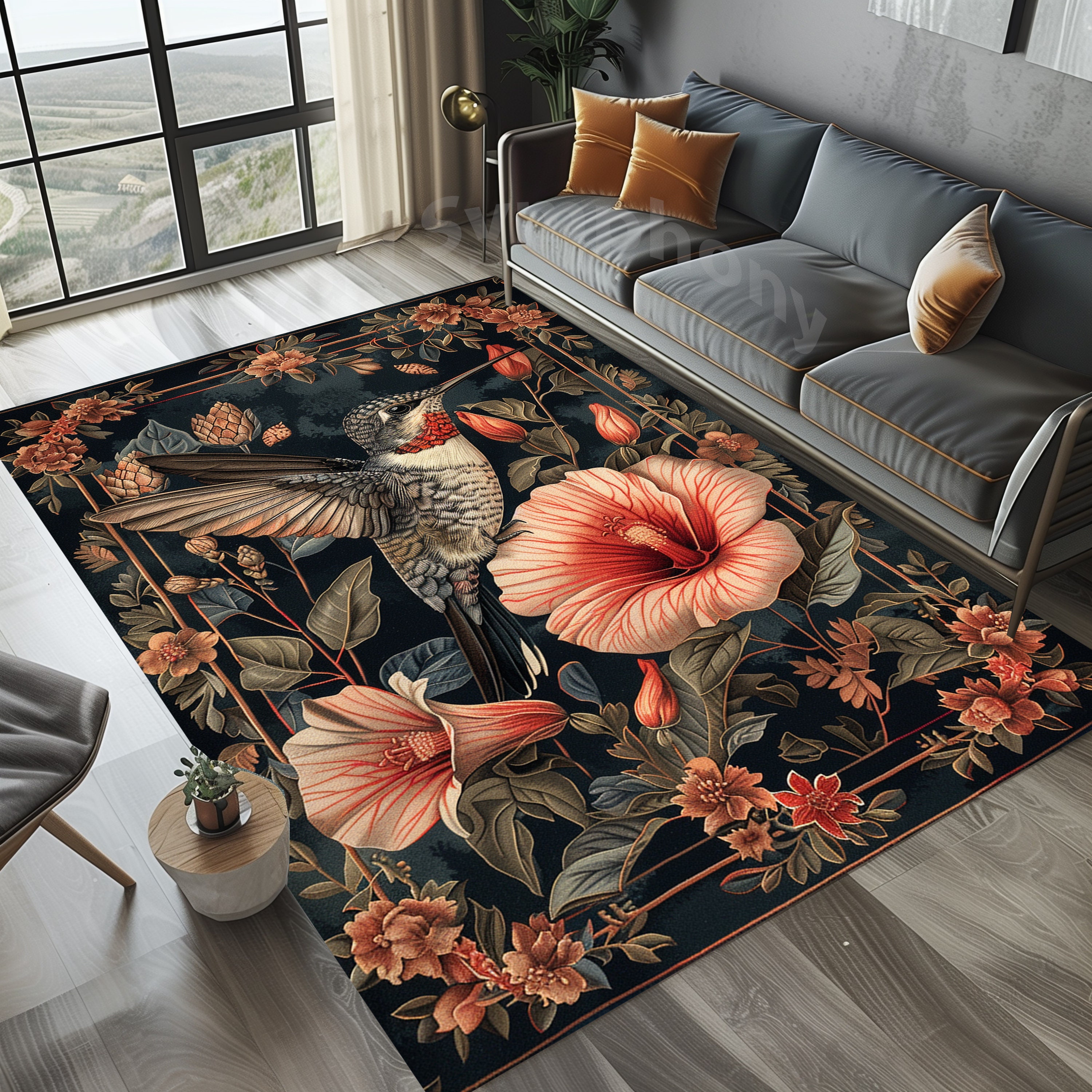 Hummingbird in Flowers Area Rug, Rustic Hummingbird Area Rug ...