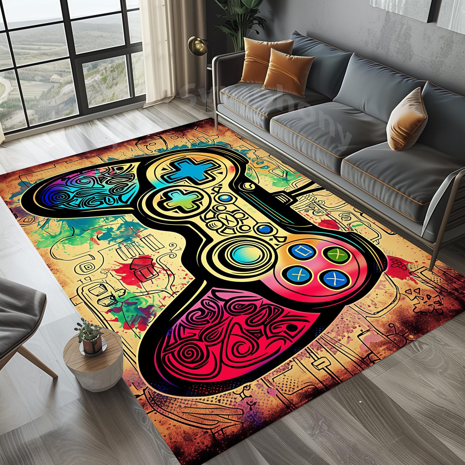 Gamer Joystick Rug, Gaming Room Rug, Oil Paint Style Joystick Rug, Game ...