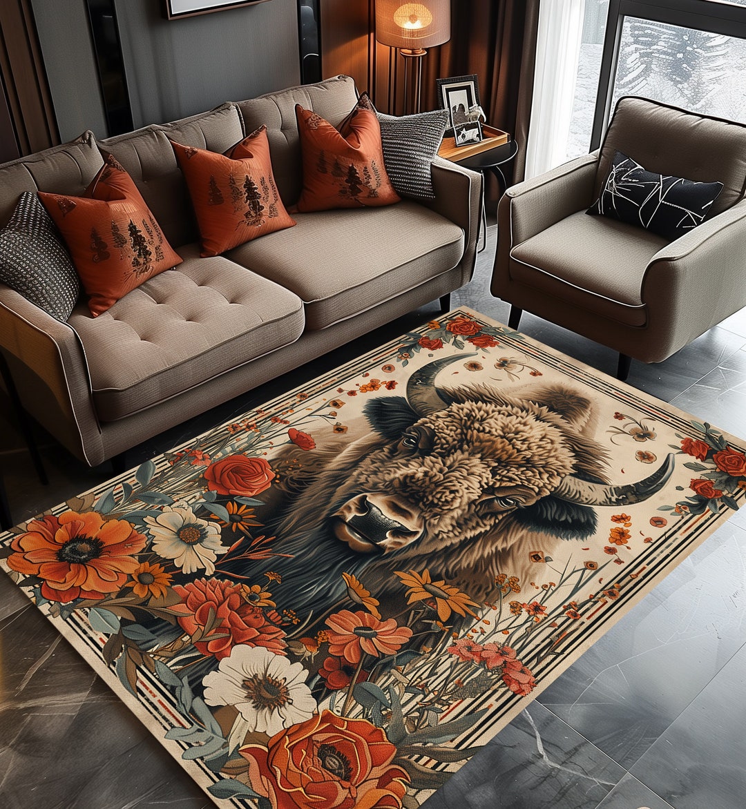 Rustic Bison Area Rug: Floral Cabin Decor - Etsy