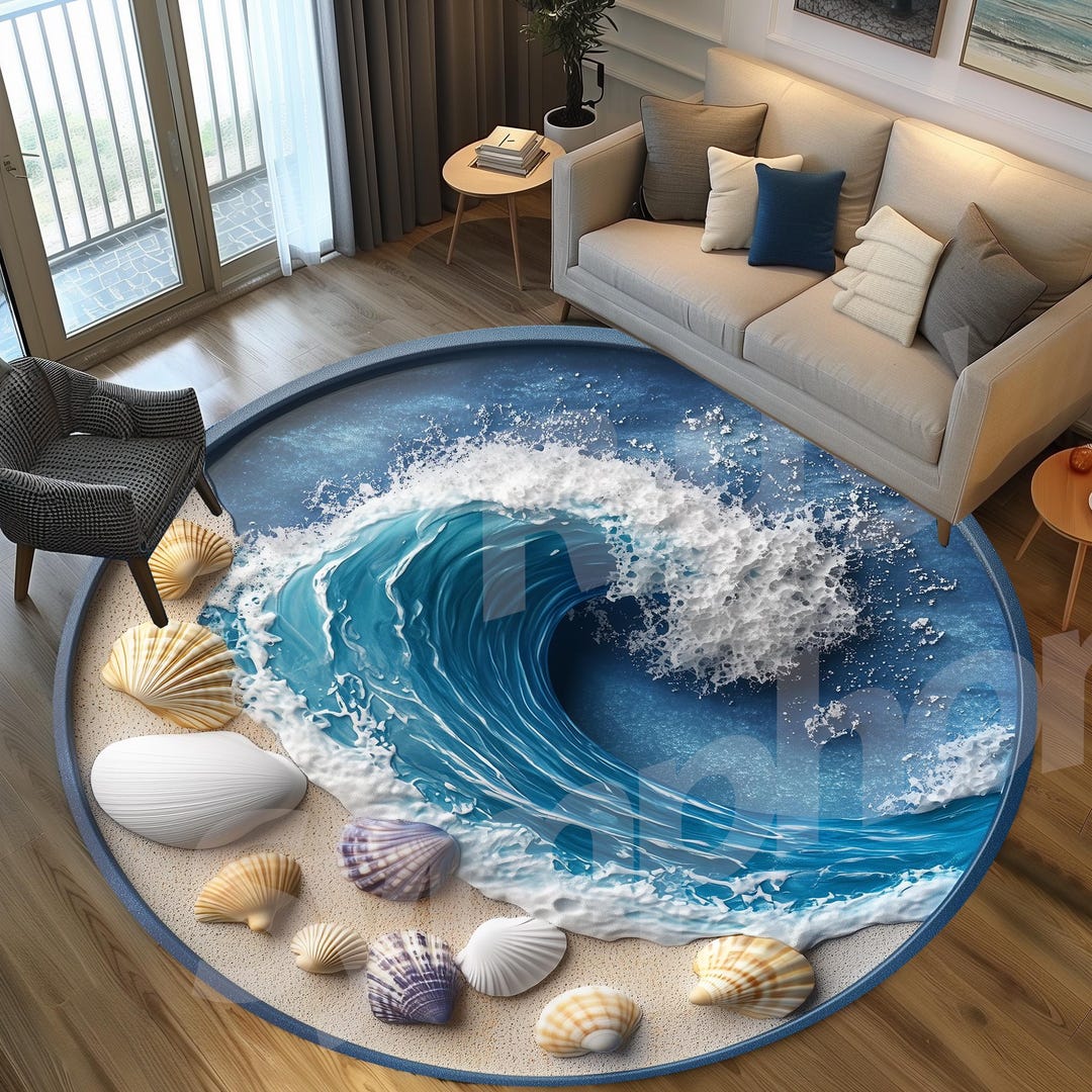 3D Look Ocean Wave Rug, Round Storm Rug, 3D Round Wave Rug, Round Sea ...