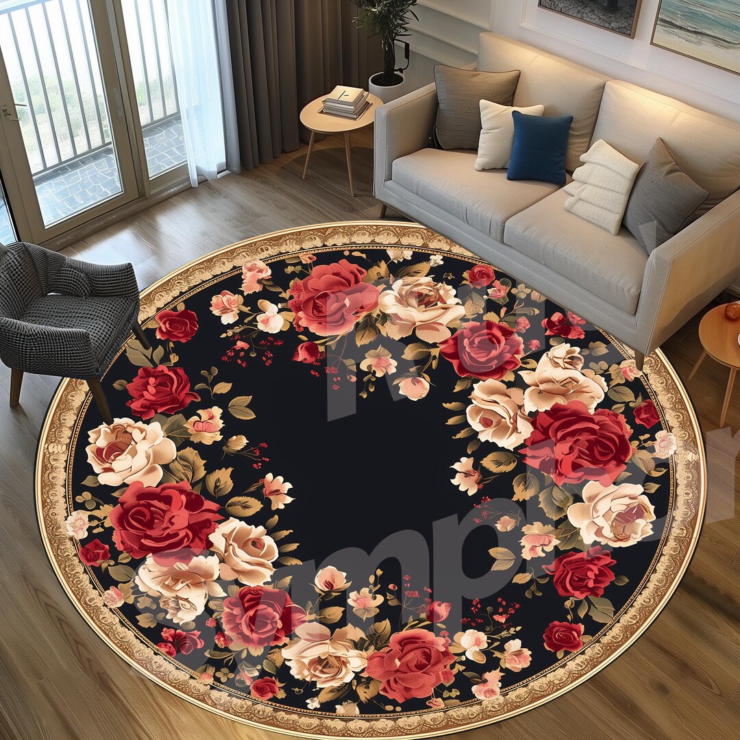 Round Flower Rug, Round Botanic Rug, Round Roses Rug, Round Flowers Rug ...