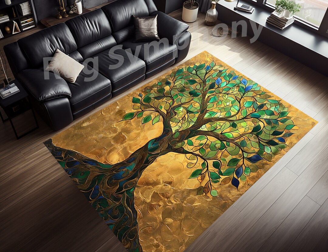 Stained Glass Style Tree Rug, Tree of Life Golden Pattern Rug, Tree of ...