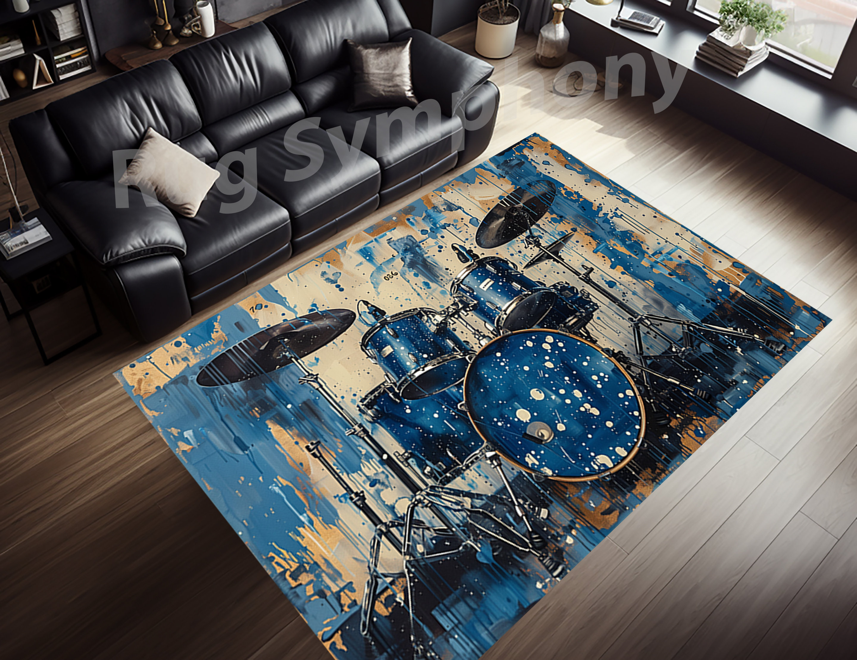Blue Vibrant Drum Set Rug, Drum Set Area Rug, Drum Set Illustration Rug ...