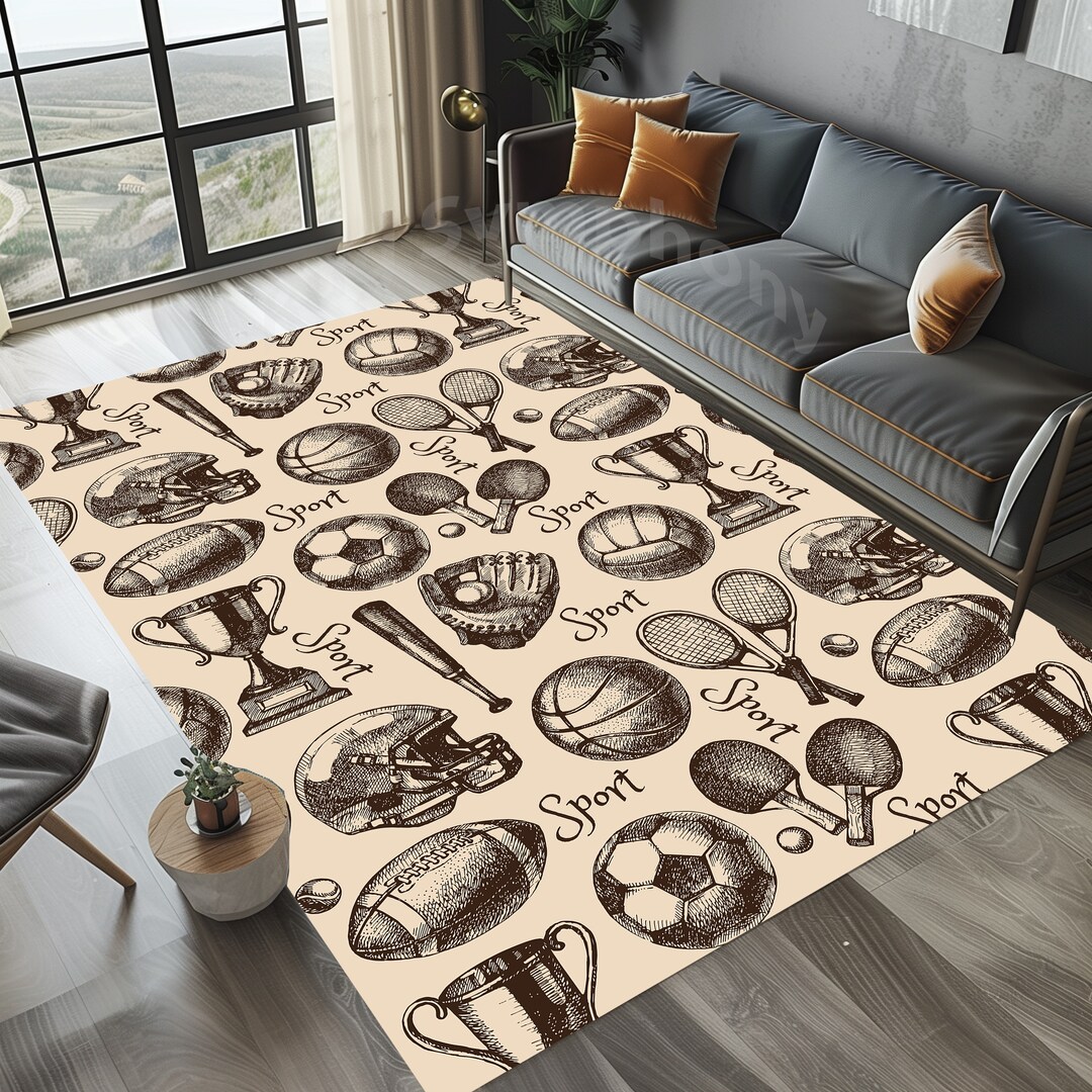 Sport Retro Look Rug, Sport Rug, Sport Balls Rug, Baseball Rug, Kids ...