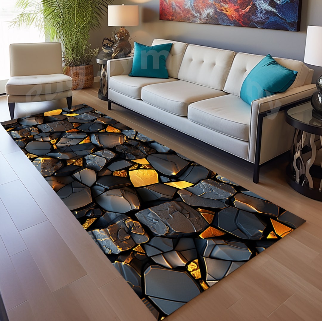 Stone Runner, Stone Pattern Runner, Metallic Look Stones Runner, Black ...