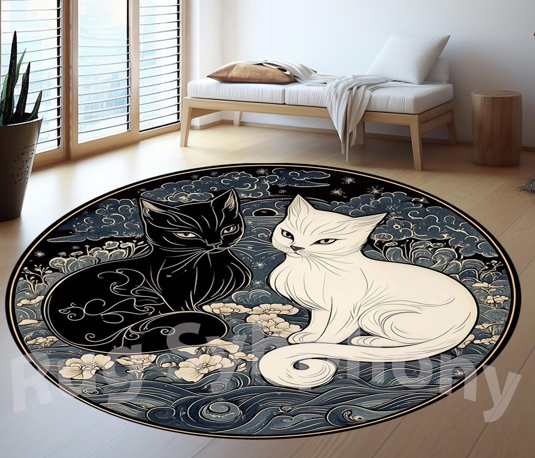 Round Cats Pattern Rug, Cats Rug, Cat Round Rug, Black and White Cats ...