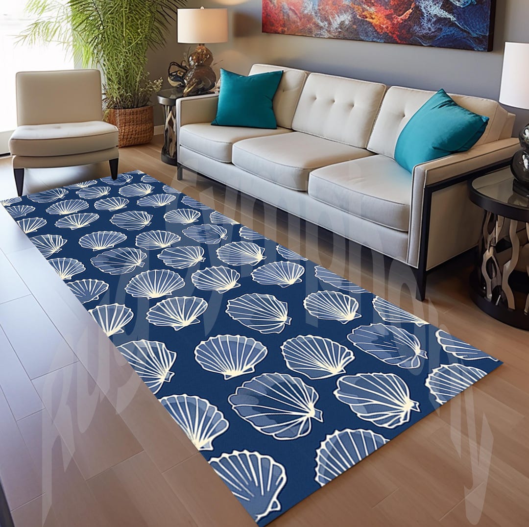 Navy Blue Runner, Blue Color Shell Runner, Shell Pattern Rug, Nautical ...