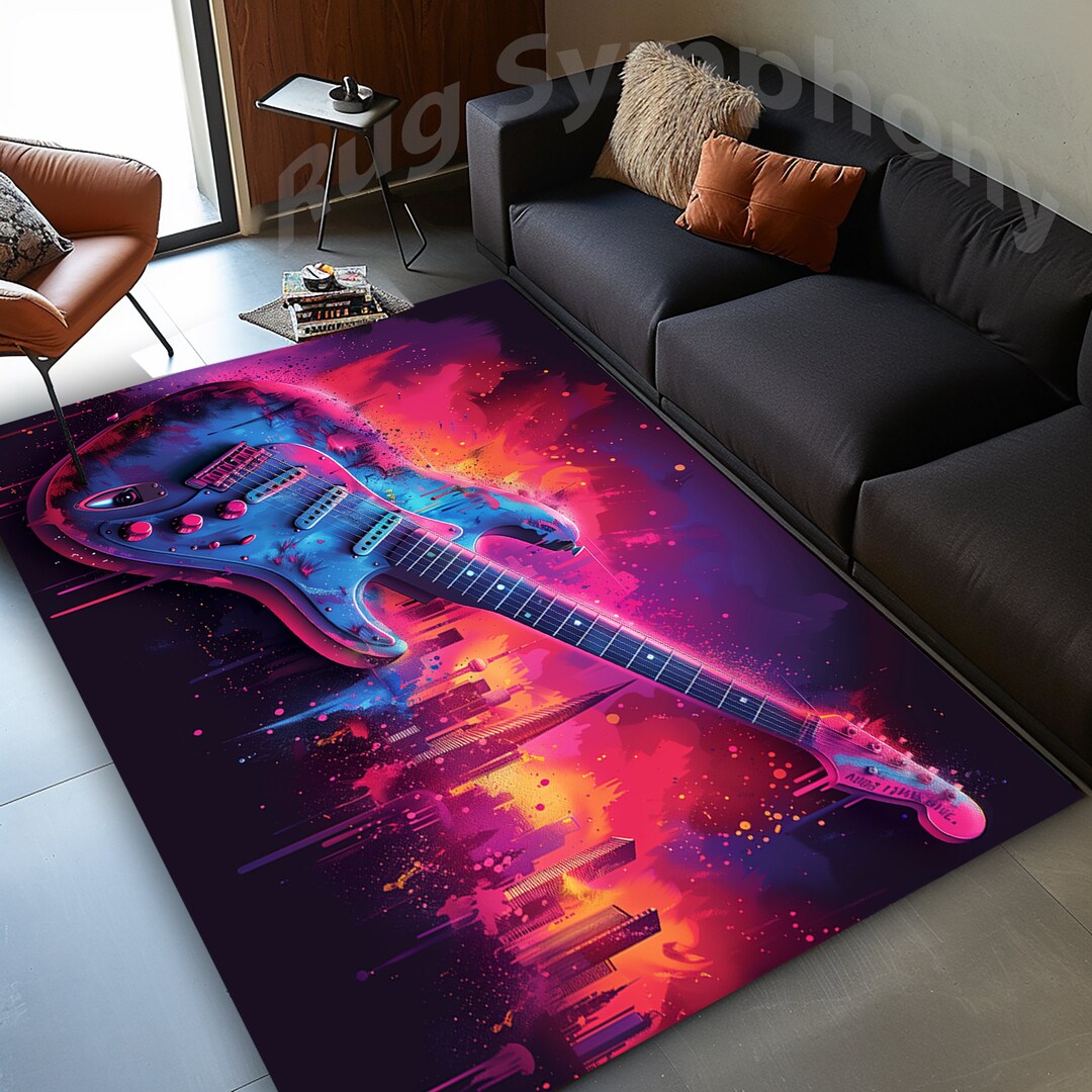 Guitar and City Rug, Graffiti Style Guitar Rug, Guitar Illustration Rug ...