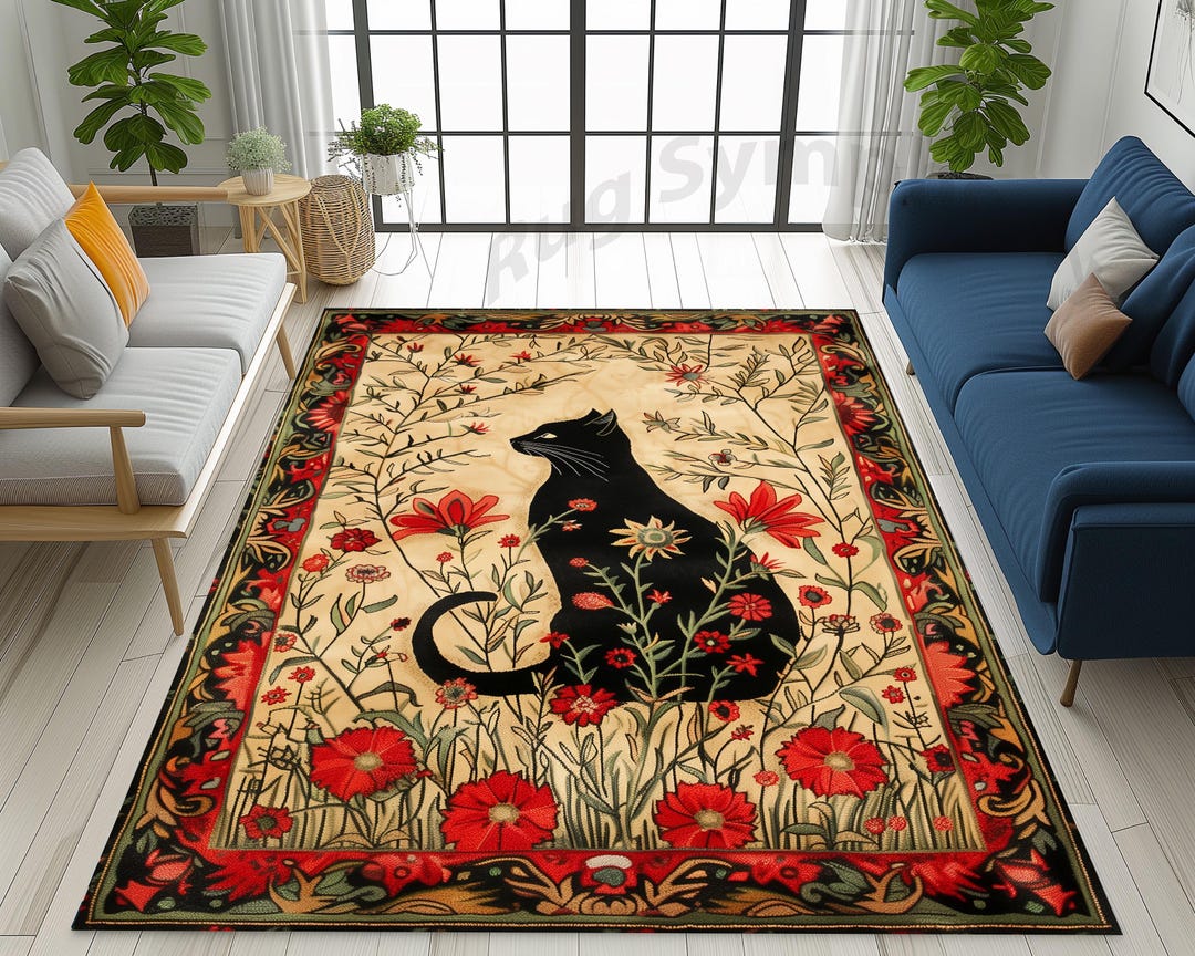 Oriental Cat Rug, Traditional Cat Rug, Painting Style Cat Rug, Rustic ...