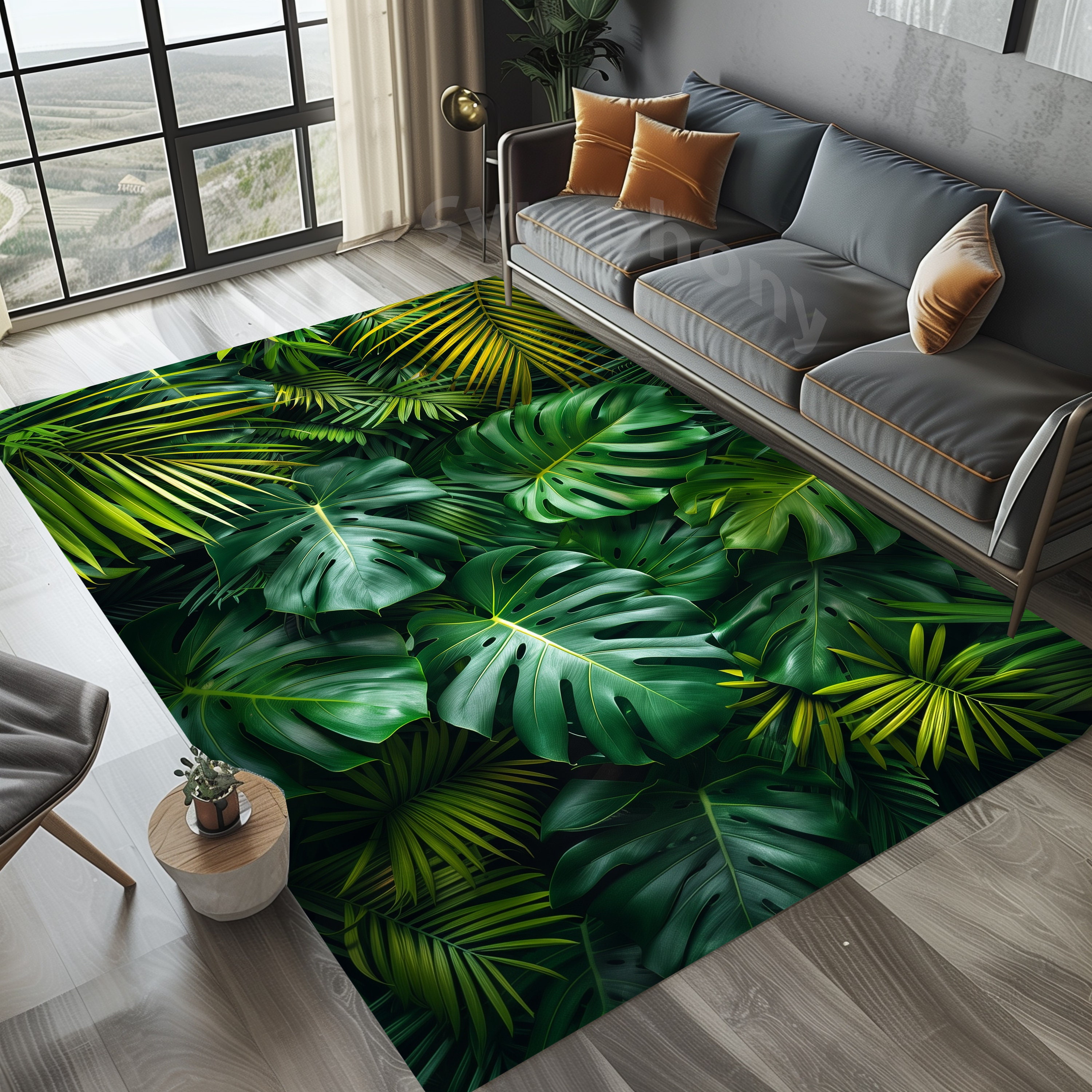 Dark Green Leaf Pattern Rug, Tropical Leaves Rug, Monstera Leaf Rug ...