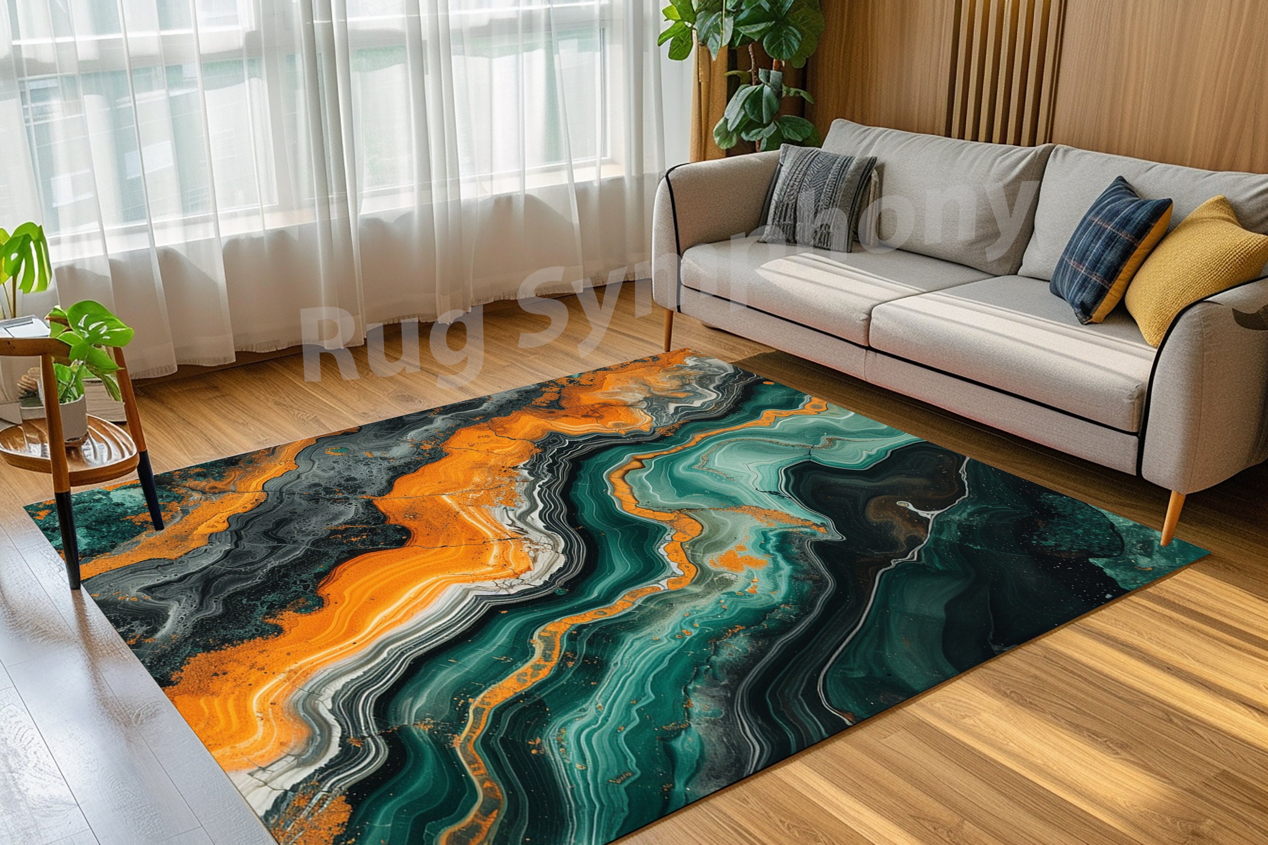 Teal and Orange Marble Rug, Green Marble Abstract Rug, Green and Orange ...