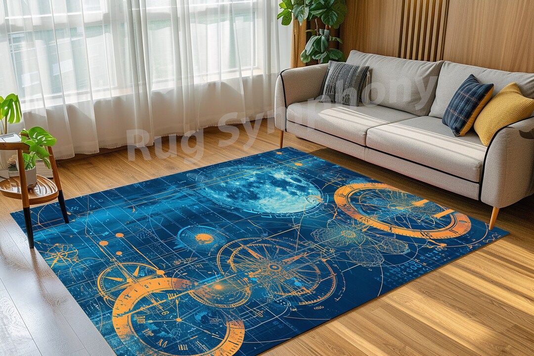 Blue Sky With Clocks Rug, Blue Space Rug, Modern Living Room Rug ...