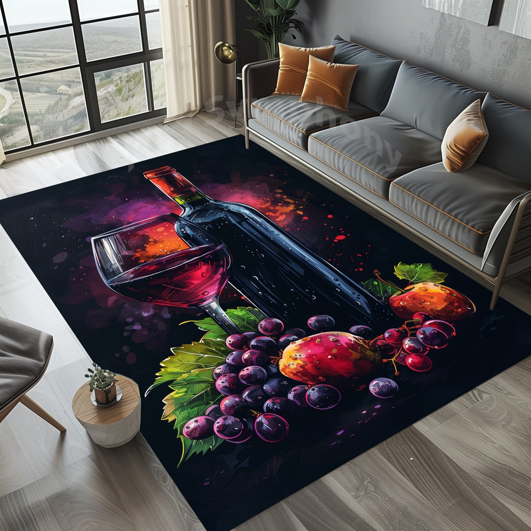 Line Drawing Style Red Wine and Grape Rug, Wine and Bottle Rug, Wine ...