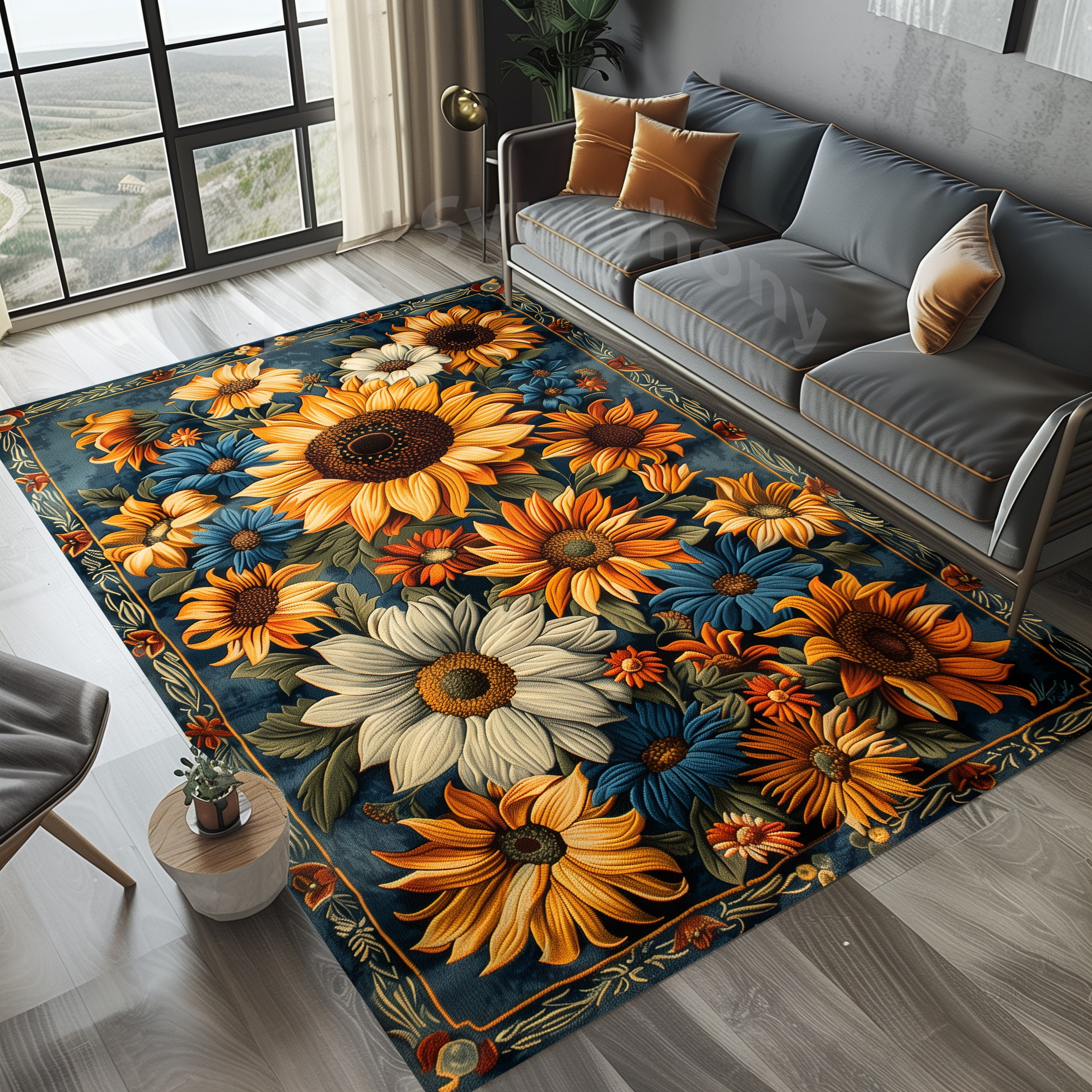Traditional Sunflower Rug, Painting Sunflower Rug, Rustic Sunflower Rug ...
