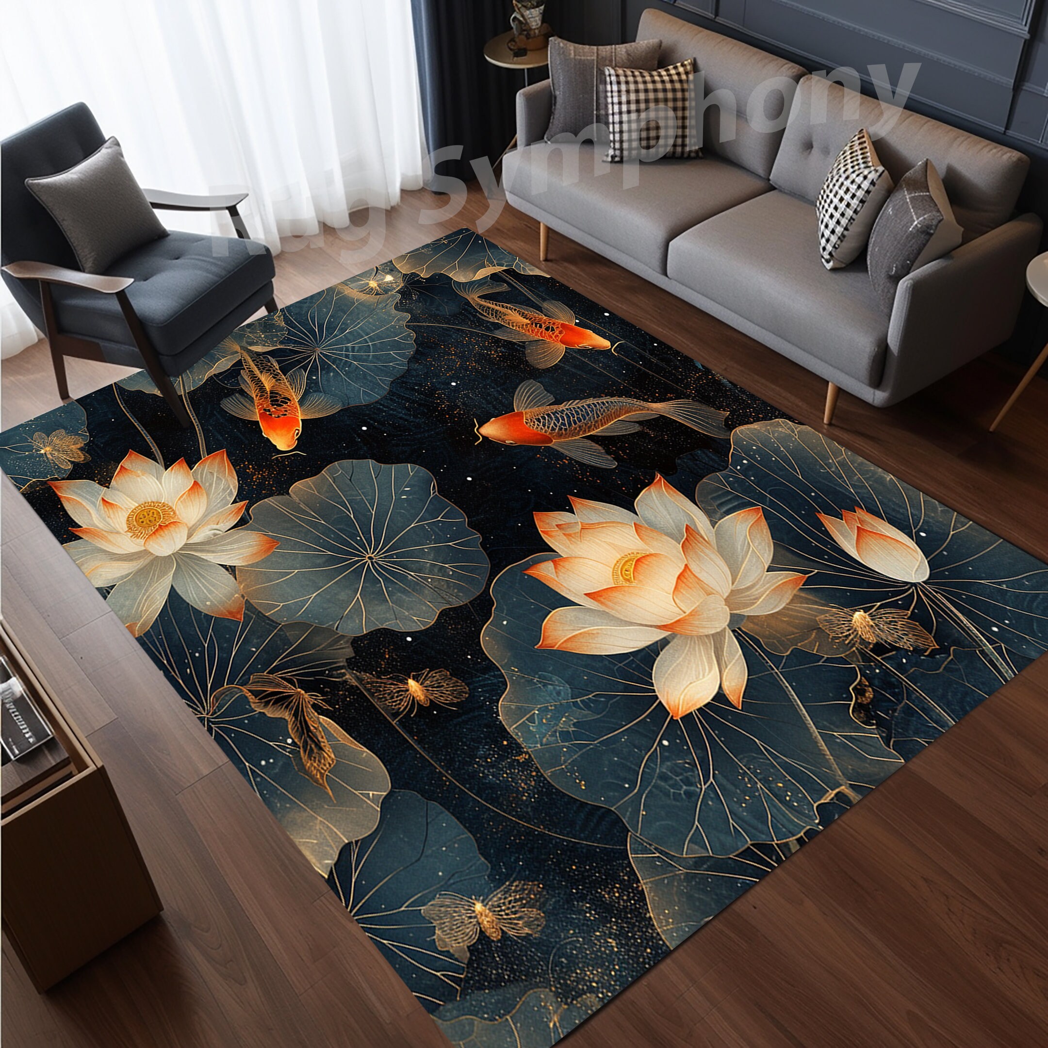 Koi Fish and Lilies Rug, Japanese Pattern Rug, Koi Fish Rug, Koi Fish ...