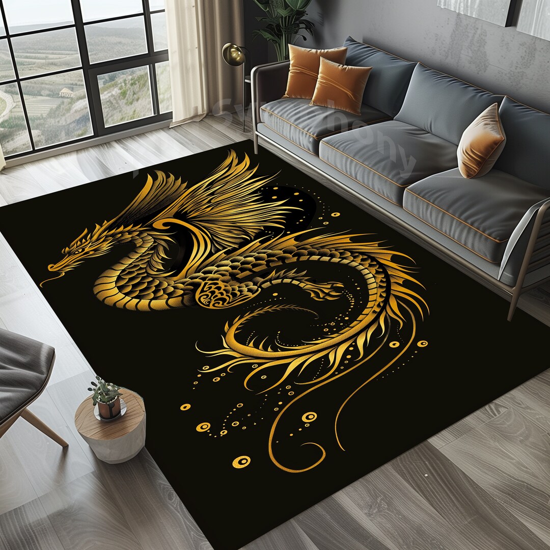 Gold Dragon Rug, Fantasy Dragon Rug, Chinese Gold Dragon Rug, Dragon ...