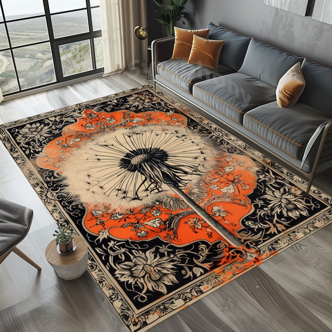 Dandelion Rug, Botanic Rug, Dandelions Rug, Black Dandelion Rug, Orange ...