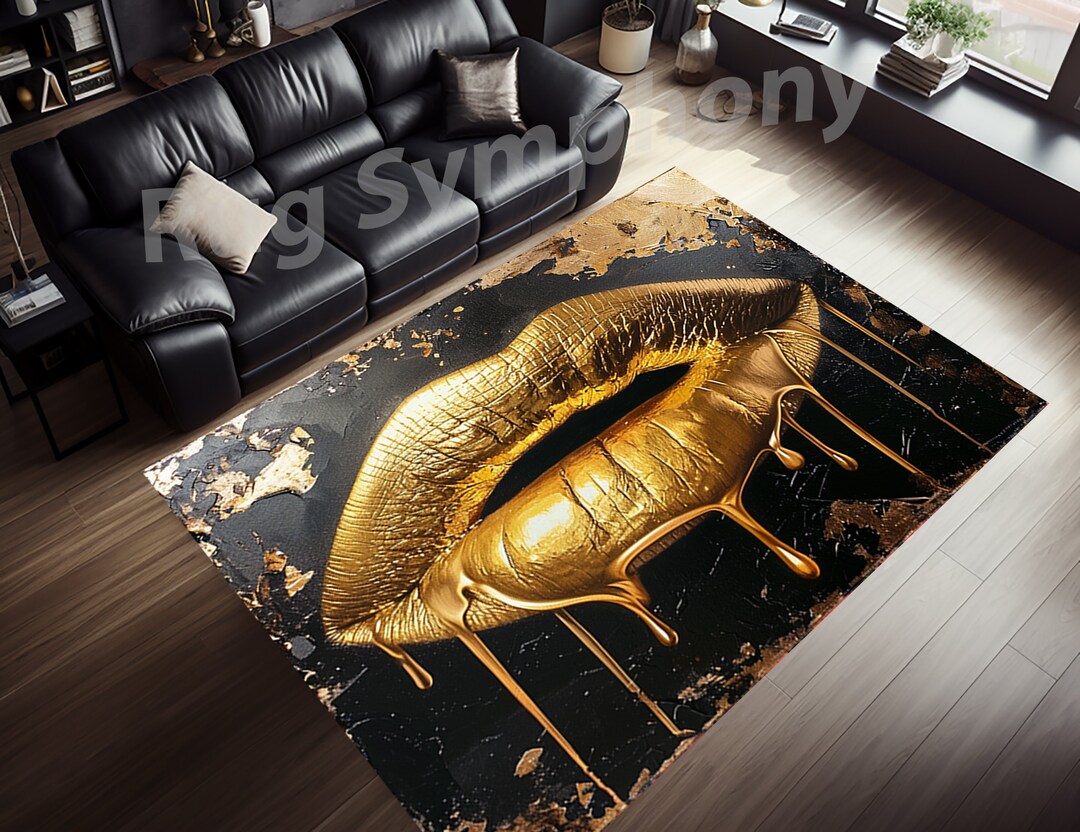 Gold Dripping Lips Rug, 3D Look Lips Rug, Golden Lips Rug, 3D Lips Area ...