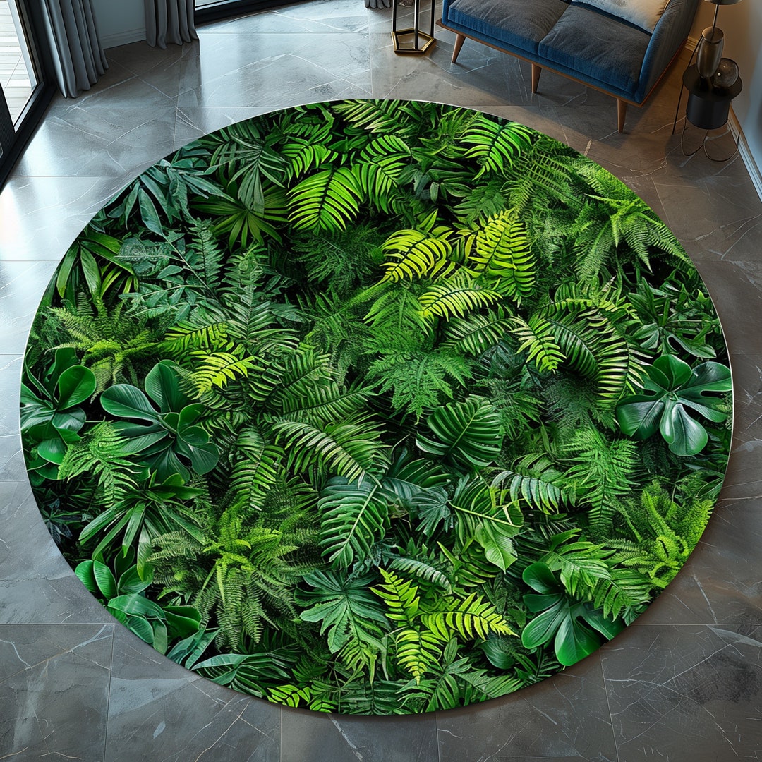 Round Tropical Leaves Rug, Round Leaf Rug, Forest Rug, Dark Green Leaf ...