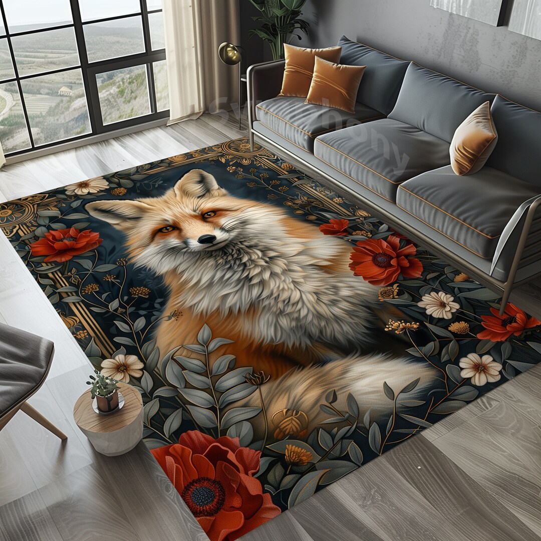 Rustic Fox Rug, Floral Fox Rug, Cute Fox Rug, Fox Rug, Oriental Fox Rug ...