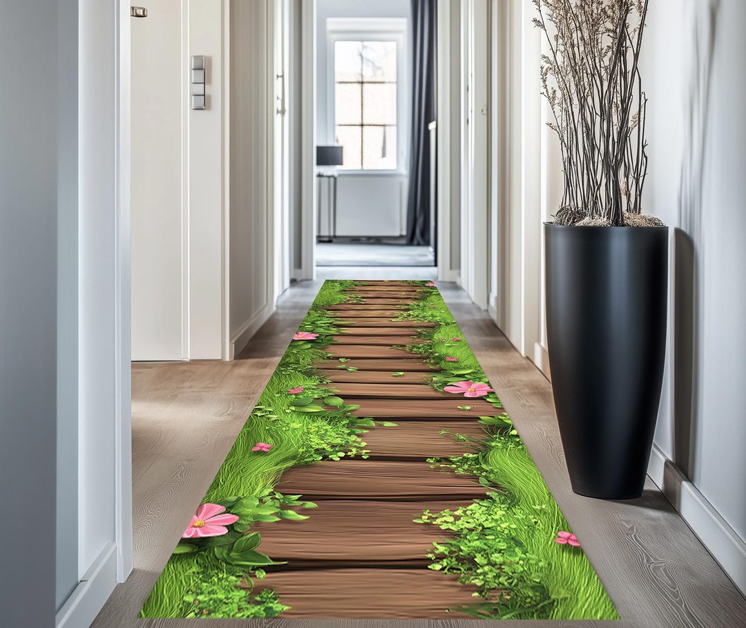 Green Road Runner, Hallway Grass Runner, Hallway Wood Garden Runner ...