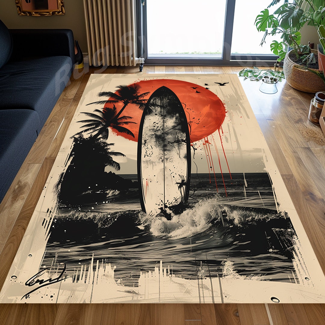 Palm Tree Surfboard Rug, Surfboard Rug, Surfboard Area Rug, Oil Paint ...
