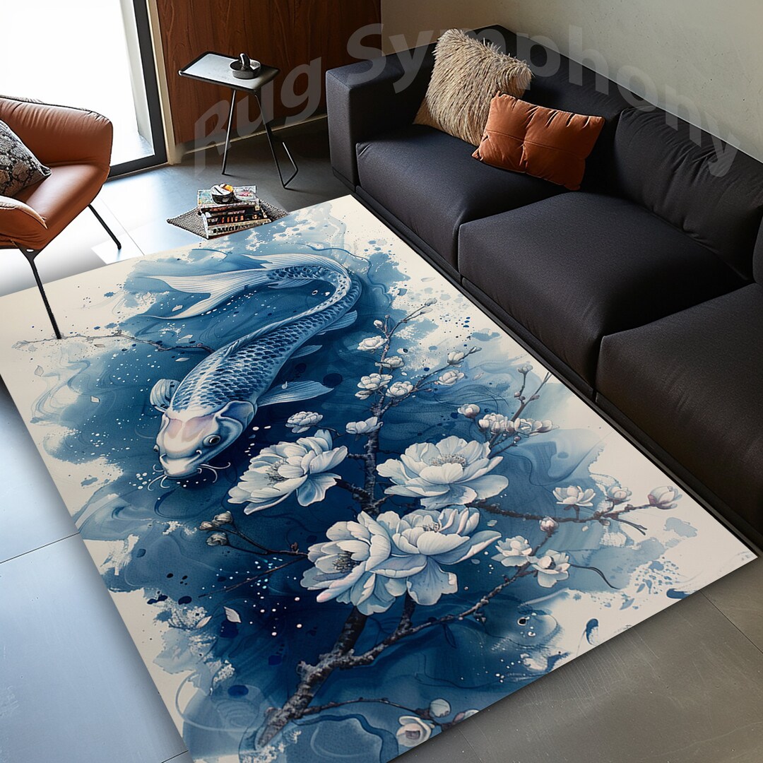 Blue and White Koi Fish and Blossom Rug, Japanese Pattern Rug, Koi Fish ...