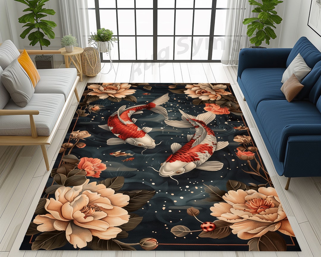 Rustic Koi Fish and Roses Rug, Abstract Japanese Pattern Rug, Koi Fish ...