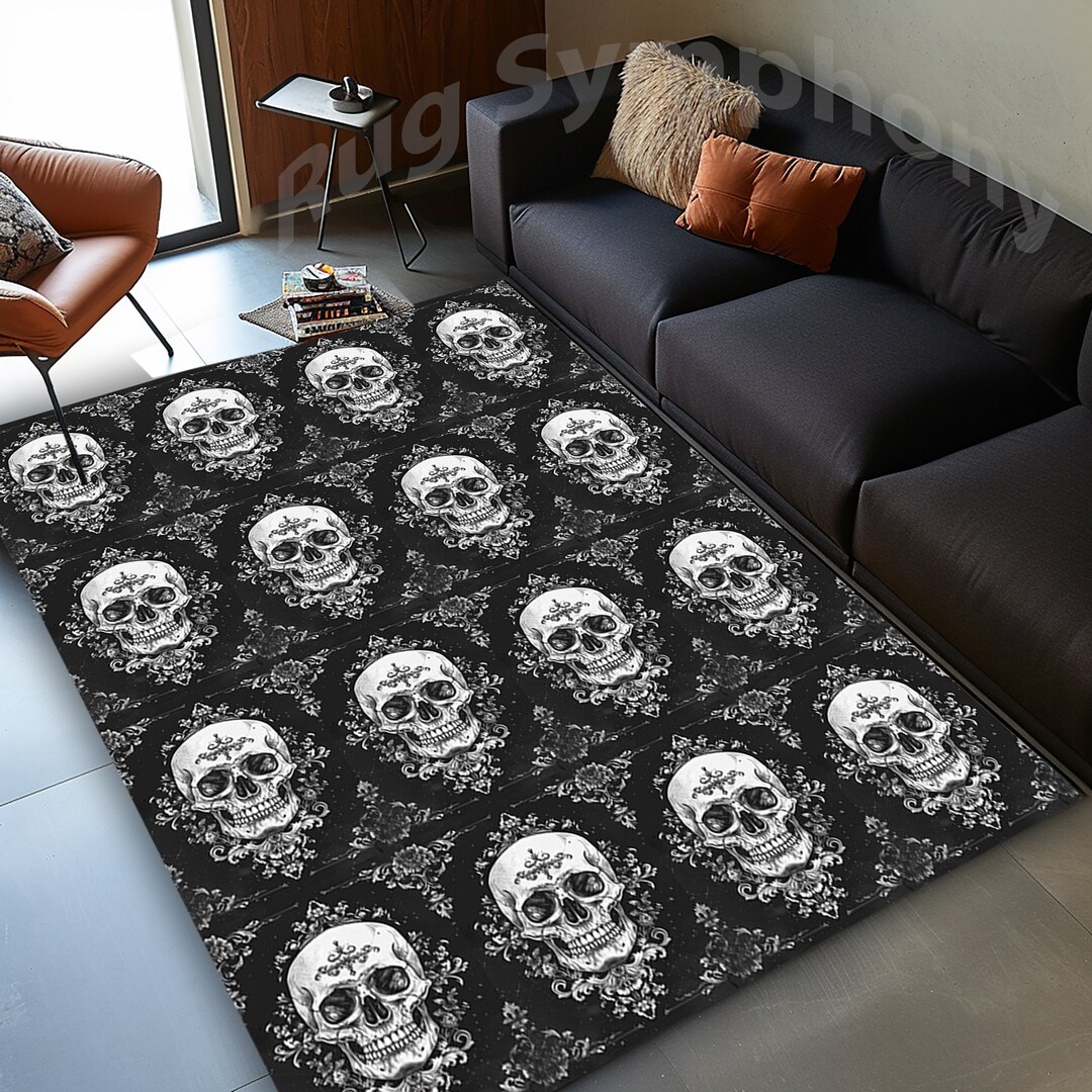 Vintage Look Black Gothic Skull Area Rug, Skull Rug, Tiled Skulls Rug ...