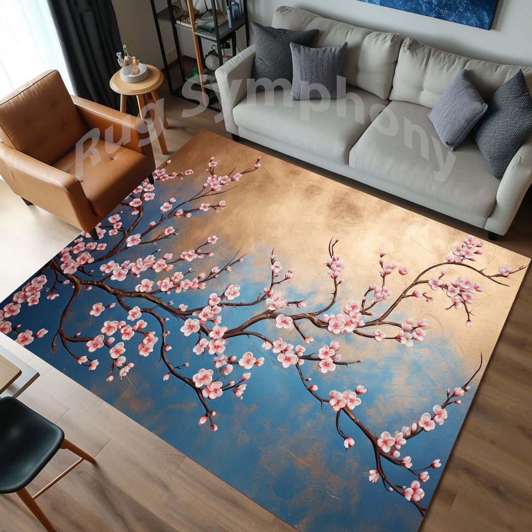Cherry Blossom Art Rug, Cherry Blossom Rug, Gold Cherry Blossom Rug ...
