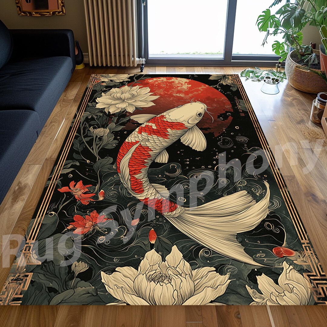 Bohemian Koi Fish Pattern Rug, Koi Fish Moon Rug, Japanese Pattern Rug ...