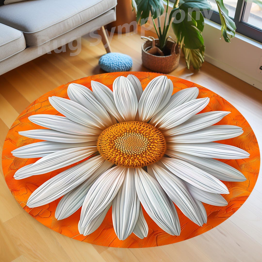 Round Daisy Rug, Rustic Daisies Rug, Daisy Area Rug, Round Floral Rug ...